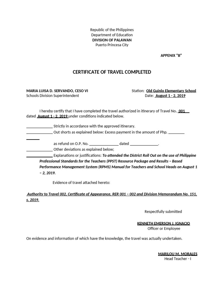Certificate of Travel Completed (Teacher) | PDF