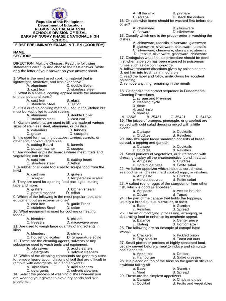 TLE 9-fIRST PRELIM-COOKERY | PDF | Hors D'oeuvre | Kitchen Utensil