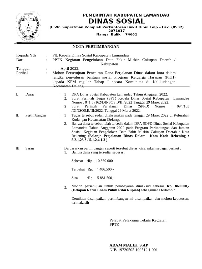 Nota Pertimbangan Pencairan Dana Dinas | PDF