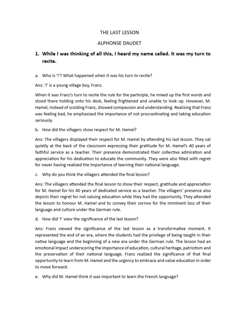 SL GR X e Lit The Last Lesson | PDF | Language Arts & Discipline