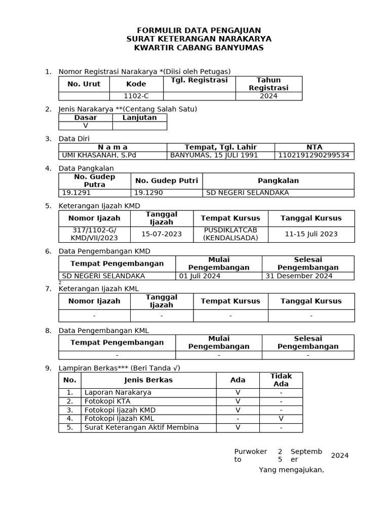 Formulir Data Pengajuan Narakarya Diah-1 | PDF