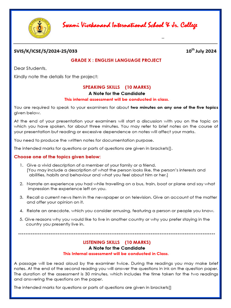 Class 10 English Project Guidelines | PDF | Human Communication