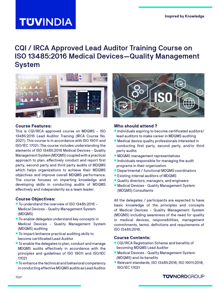 CQI IRCA Approved Lead Auditor Training Course On ISO 134852016 Medical ...