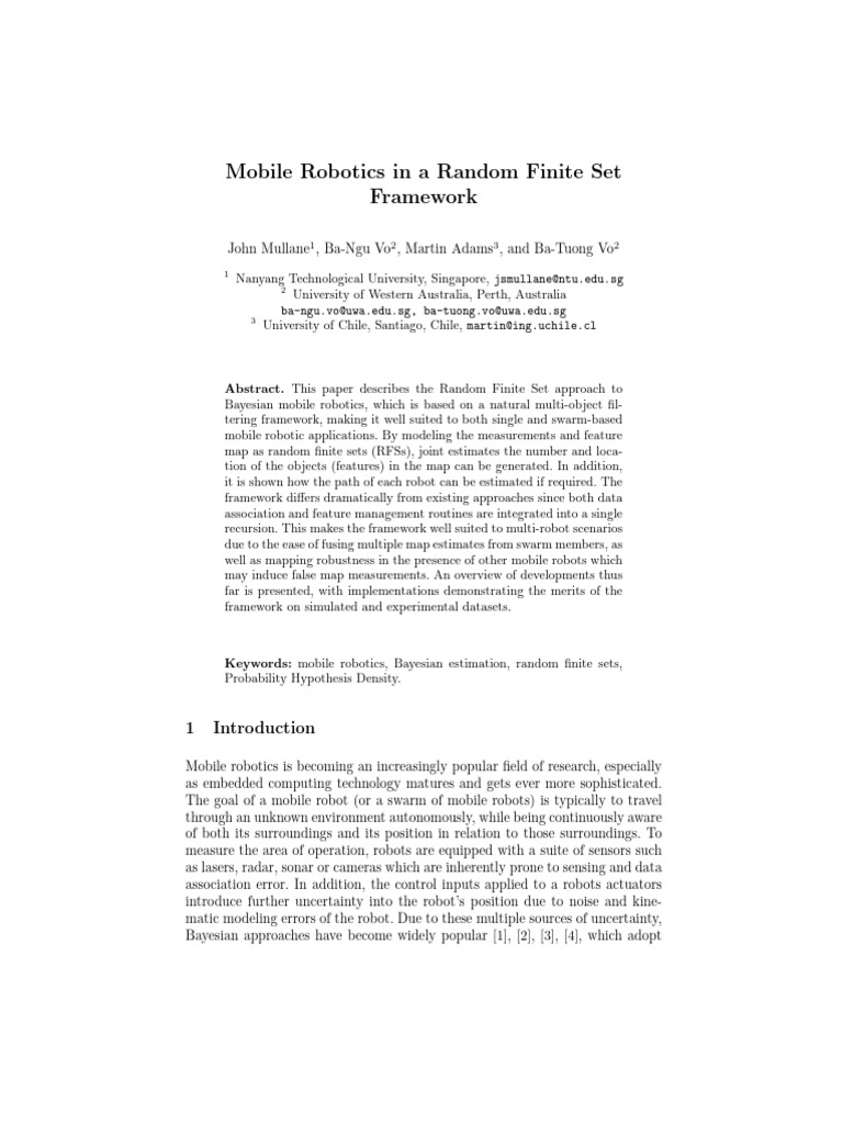 Mobile Robotics In A Random Finite Set F Pdf Bayesian Inference Robotics