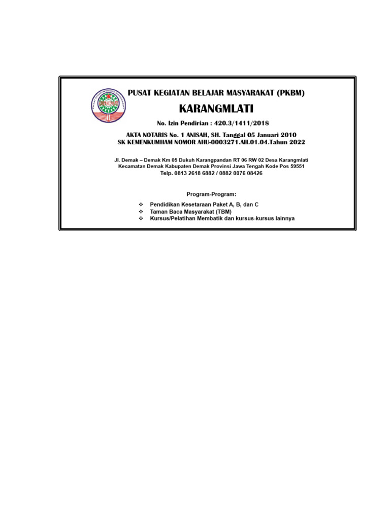 Plang Nama PKBM Karangmlati | PDF