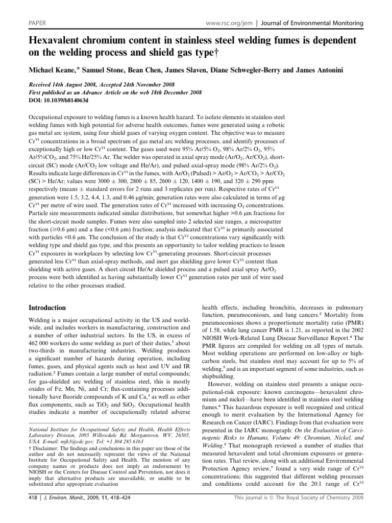 Hexavalent Chromium Content in Stainless Steel Welding Fumes Is ...