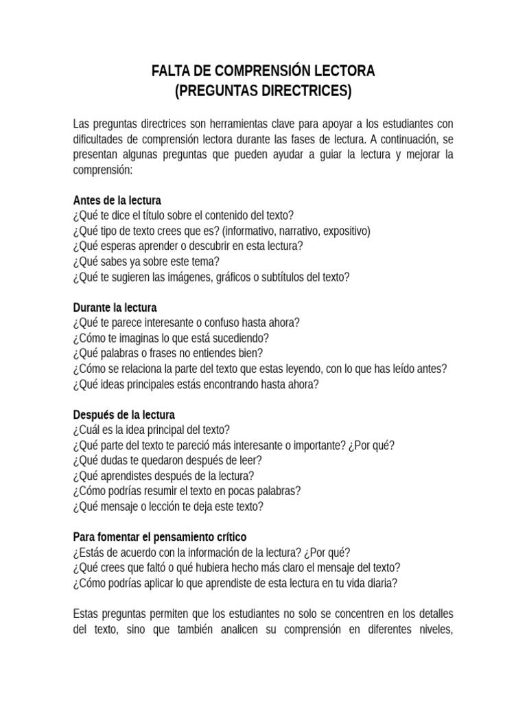 PREGUNTAS DIRECTRICES DE FALTA DE COMPRENSIÓN LECTORA | PDF ...