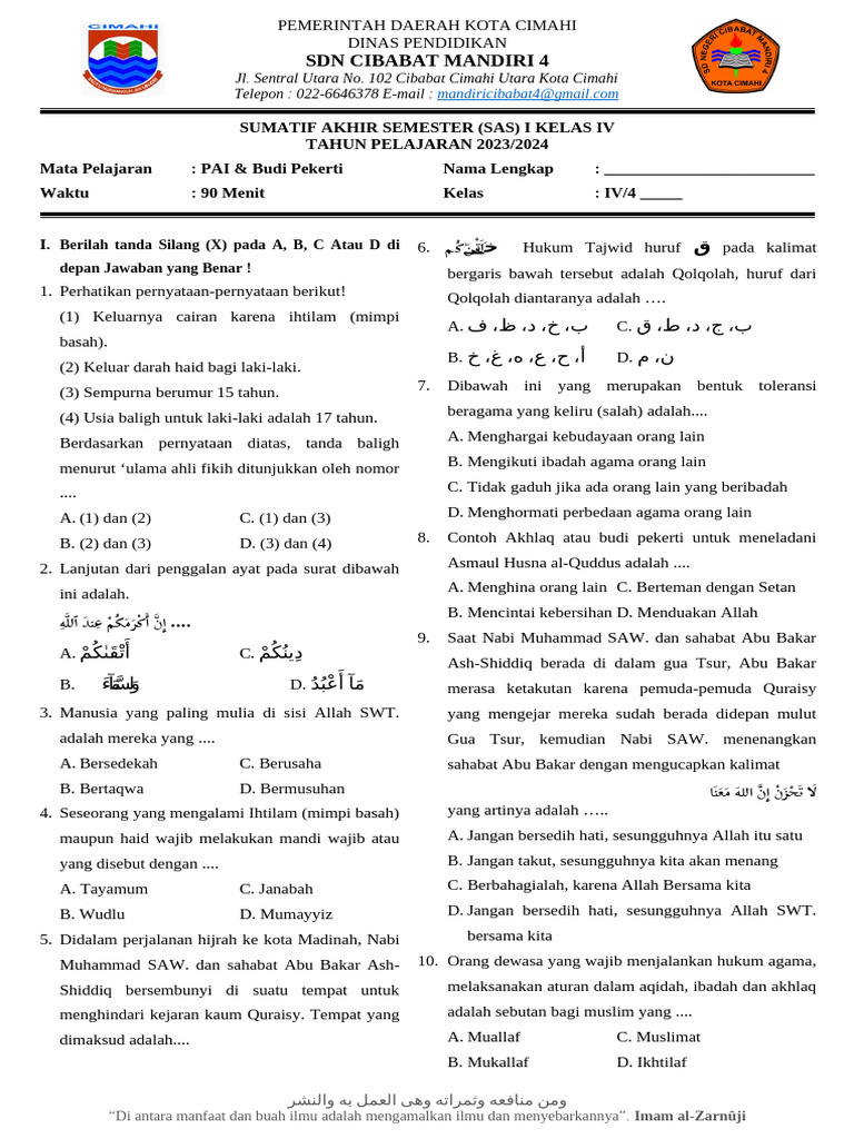 Soal PAS PAI & BP-KELAS 4-Semester 1-TP 2023-2024 | PDF