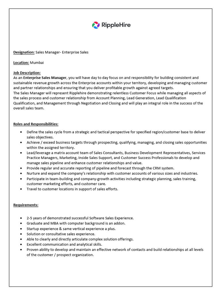 Enterprise Sales Manager Role at Ripplehire | PDF