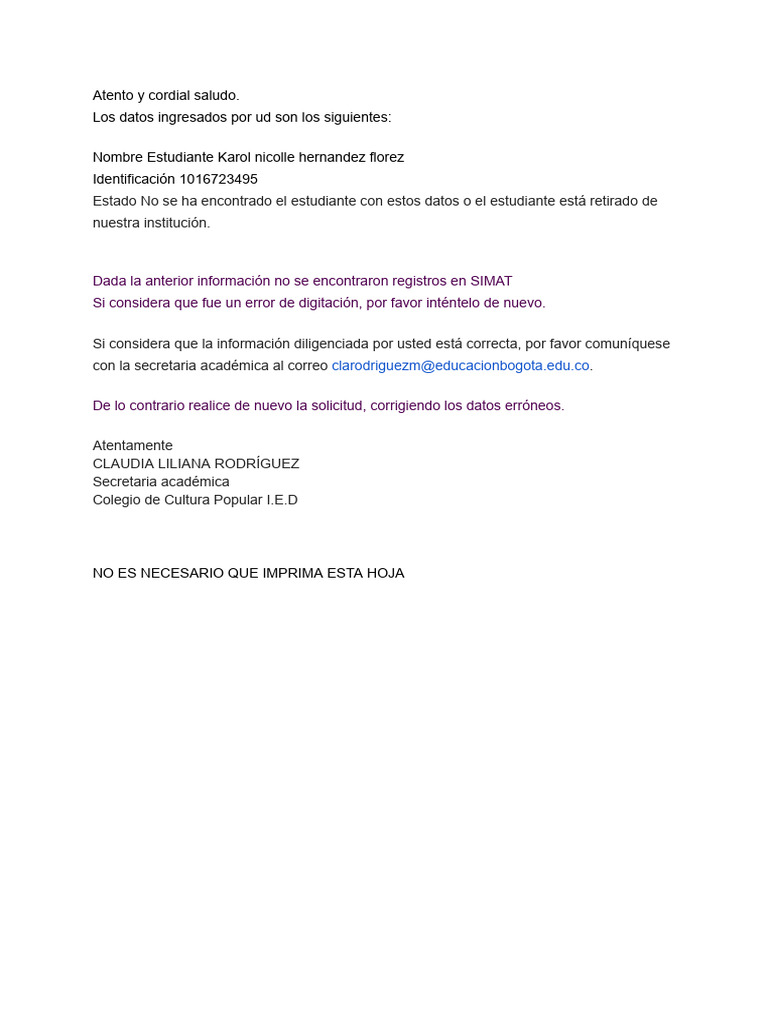 Solicitud de Constancia de Karol Nicolle Hernandez Florez No Pudo Ser ...