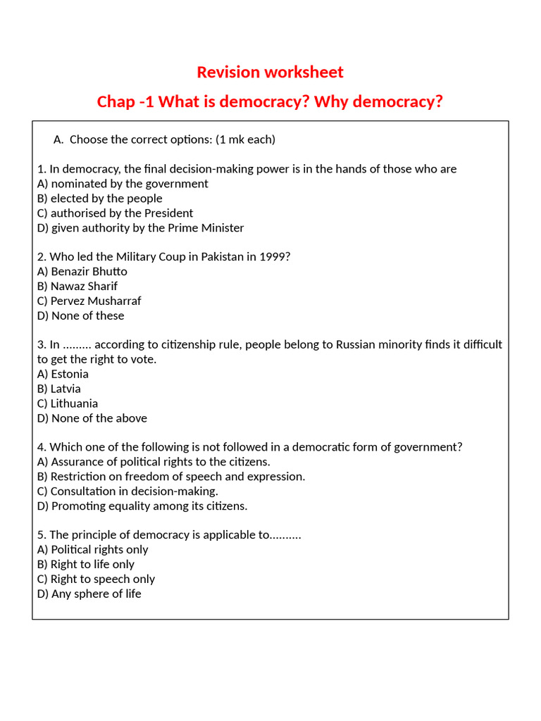 Revision Worksheet - What Is Democracy and Why Democracy | PDF