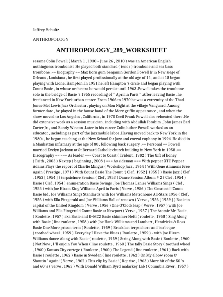 Anthropology 289 Worksheet | PDF | African American Music | Jazz