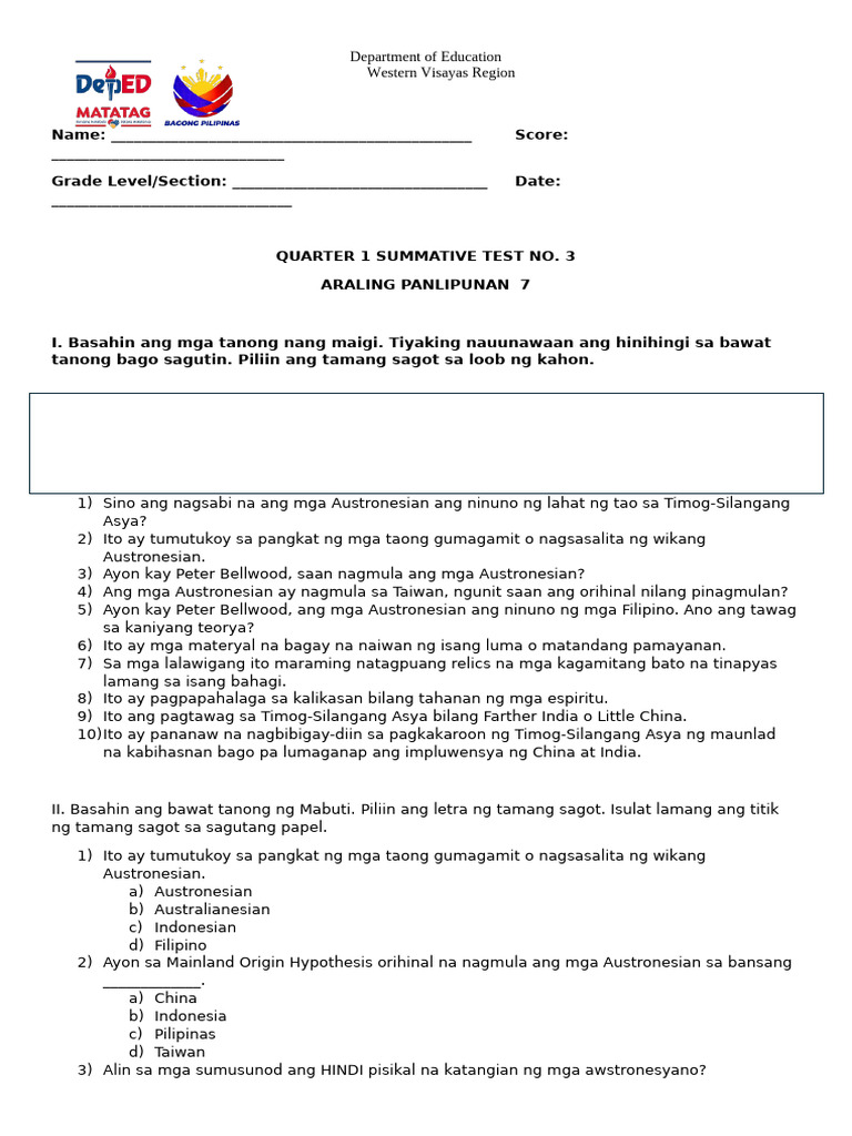 Summative Test Araling Panlipunan | PDF