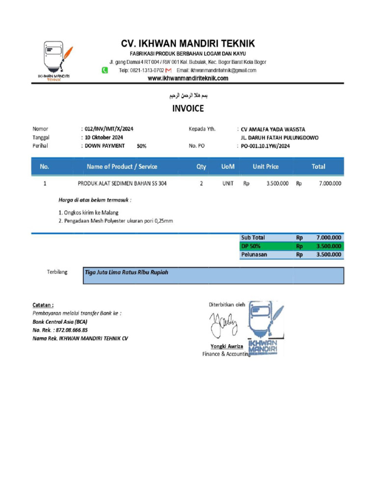 Invoice DP 50 CV Amalfa Yada Wasista | PDF