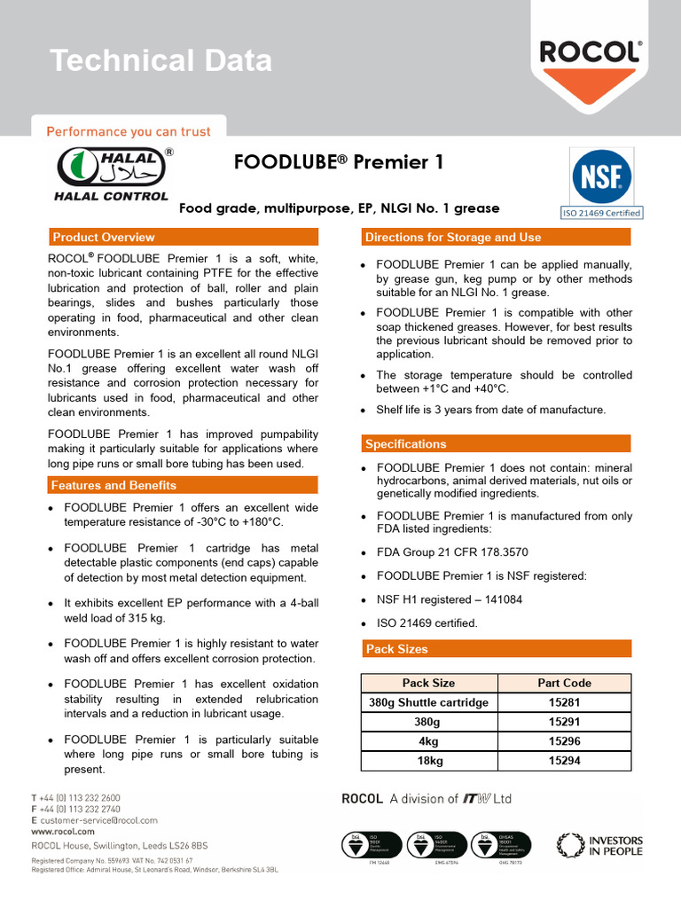 Foodlube Premier 1 TDS Rocol | PDF | Lubricant | Materials