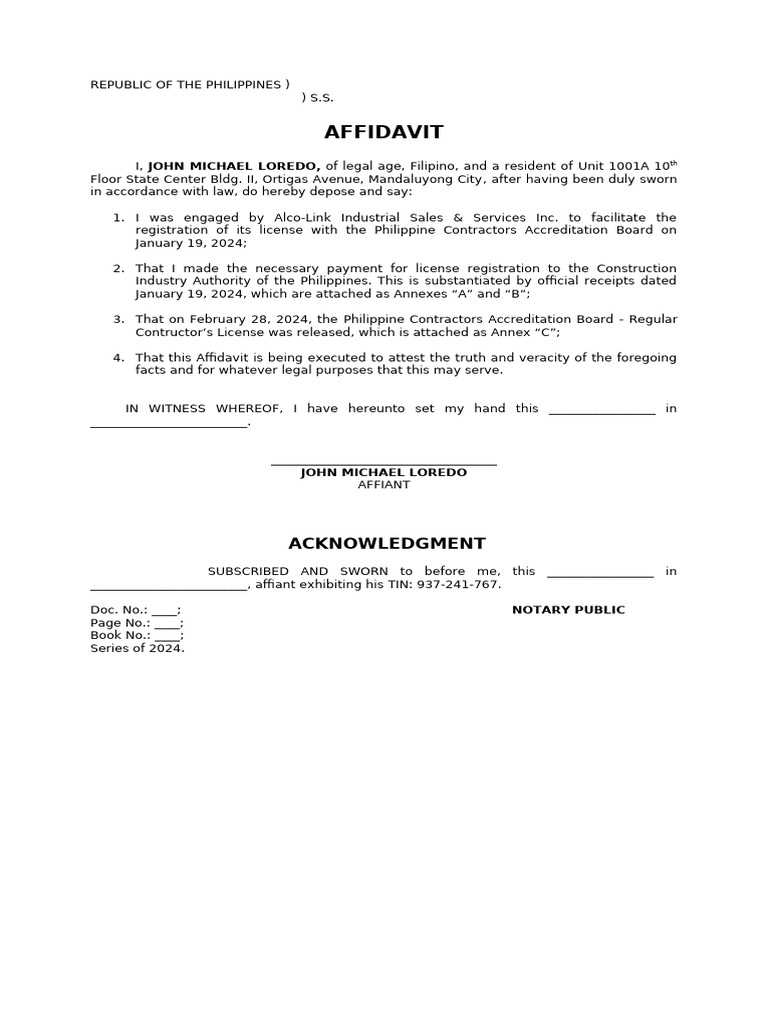 Affidavit for Contractor License Registration | PDF