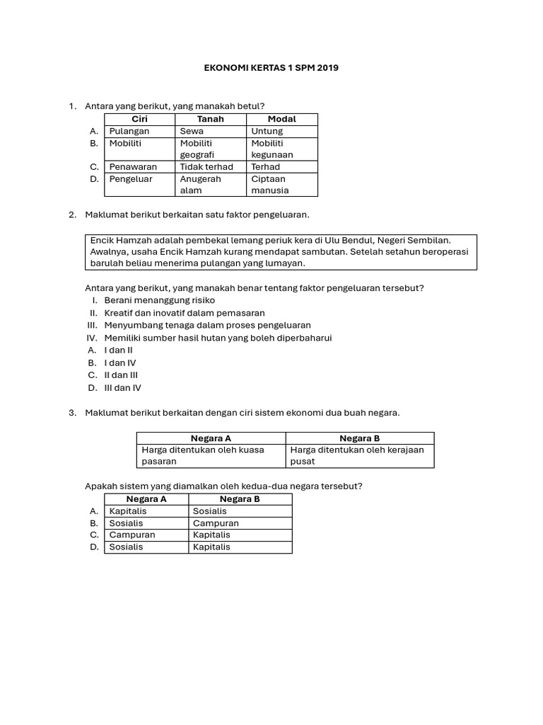 Ekonomi Kertas 1 SPM 2019 | PDF