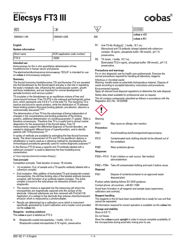 Insert - Elecsys FT3 III.09005811500.V1.En | PDF | Detection Limit