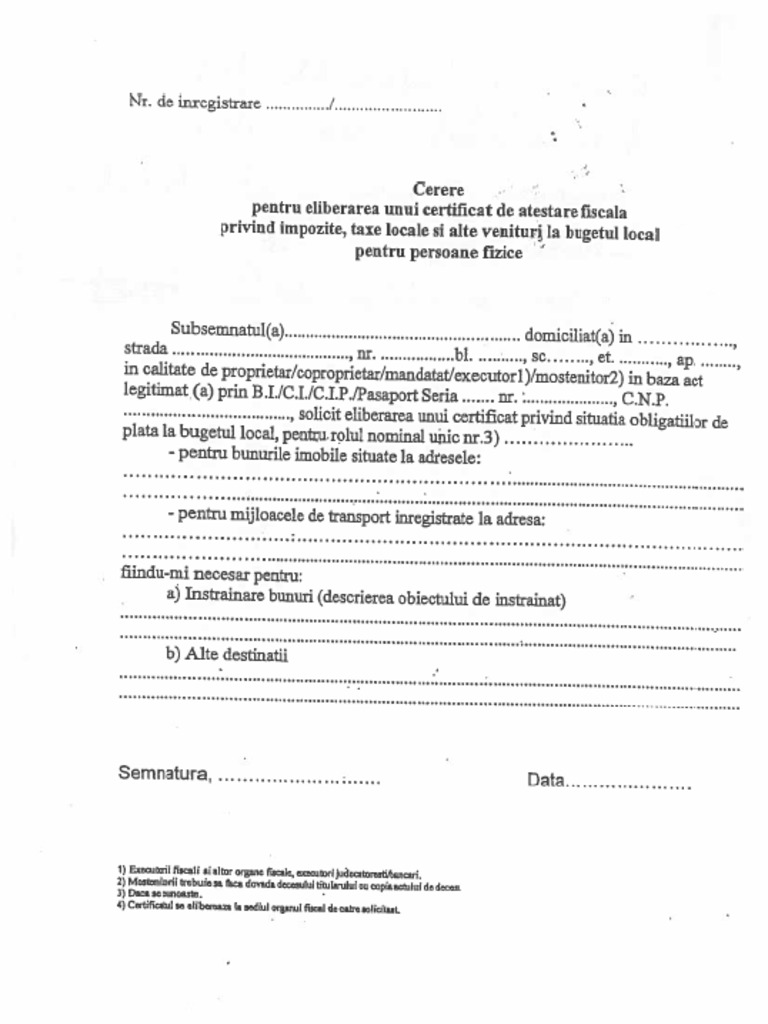 Cerere Eliberare CERTIFICAT FISCAL Privind Impozite, Taxe Locale Si Alte Venituri Persoane ...