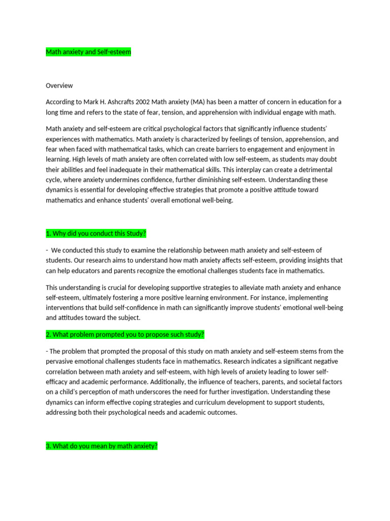 Math Anxiety An WPS Office | PDF | Self Esteem | Anxiety