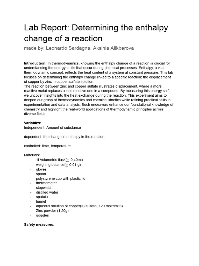 Lab Report - Determining The Enthalpy Change of A Reaction | PDF | Enthalpy | Chemical Reactions