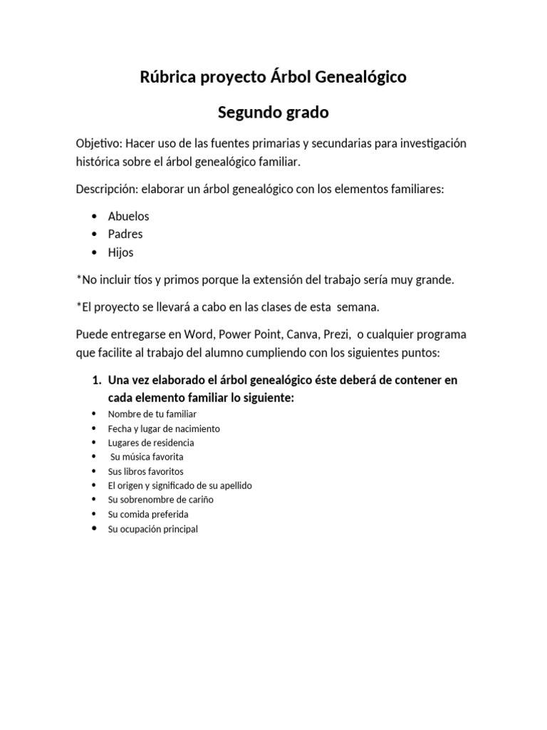 Rúbrica Proyecto Árbol Genealógico | PDF