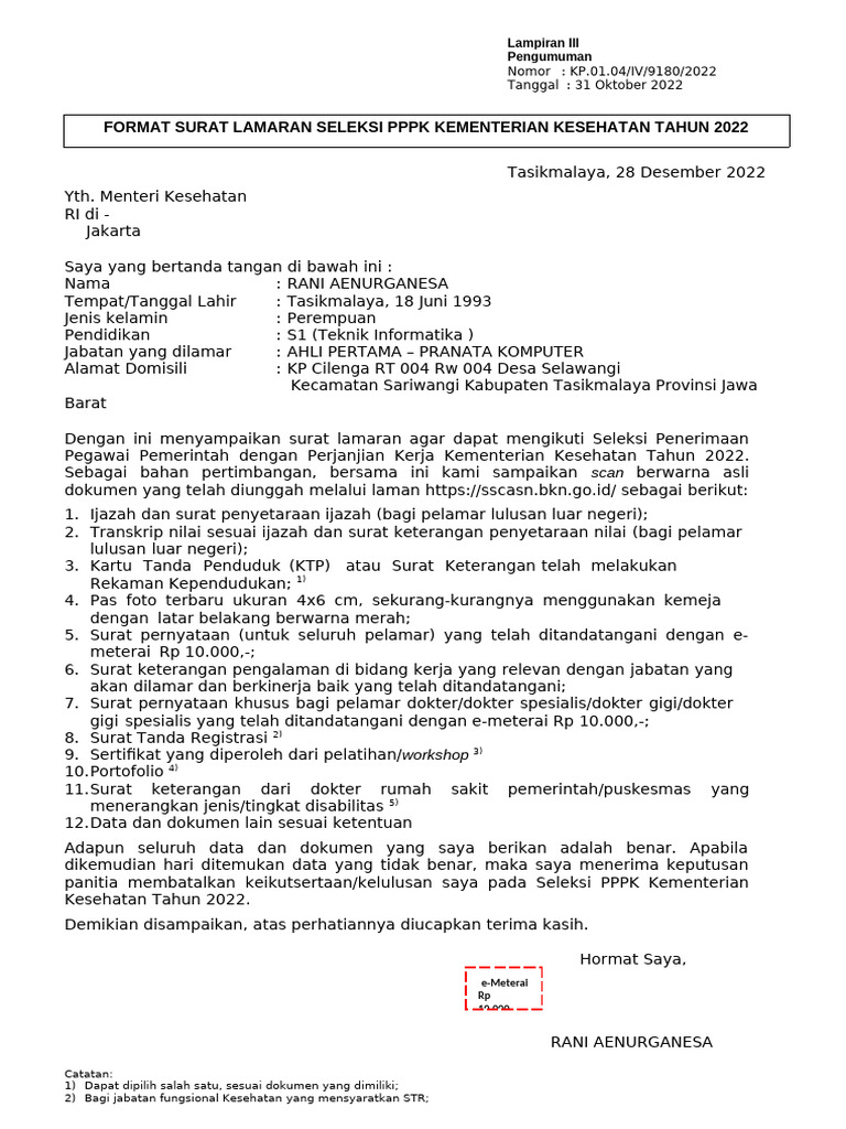 3 Lampiran III Format Surat Lamaran CPPPK | PDF | Pengelolaan Keuangan & Uang | Hukum