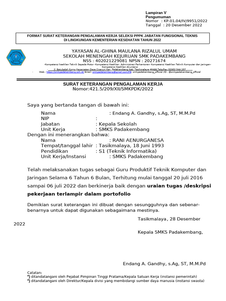 Lampiran V TEKNIS Surat Keterangan Pengalaman Kerja | PDF