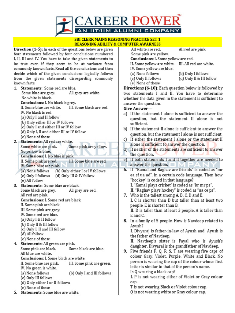 Sbi Clerk Mains Reasoning Practice Set 1 | PDF | Reason | Logic