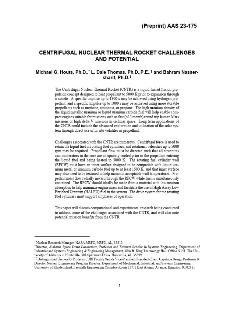 Centrifugal Nuclear Thermal Rocket Challenges (1) - 1 | PDF | Rocket Propellant | Propellant