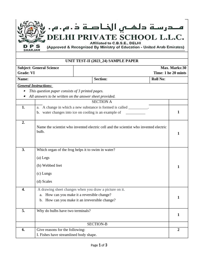 Ut2 Sci GR6 Set1 Sample QP 2023-24 | PDF | Water