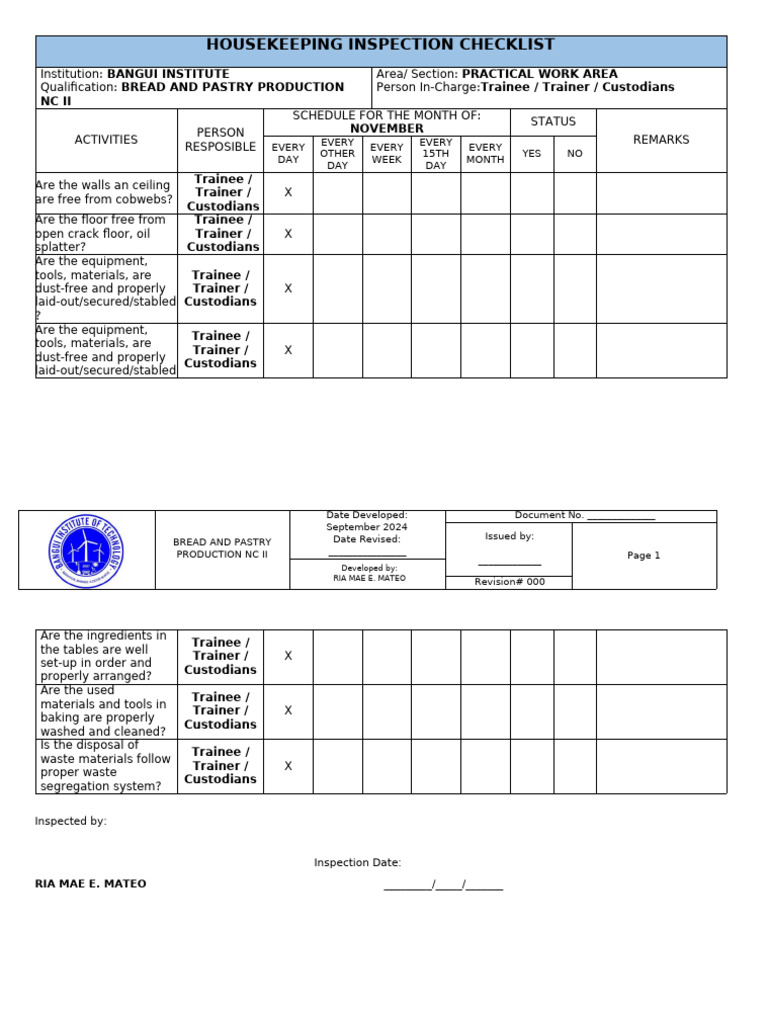 Housekeeping Inspection Checklist | PDF | Home | Baking