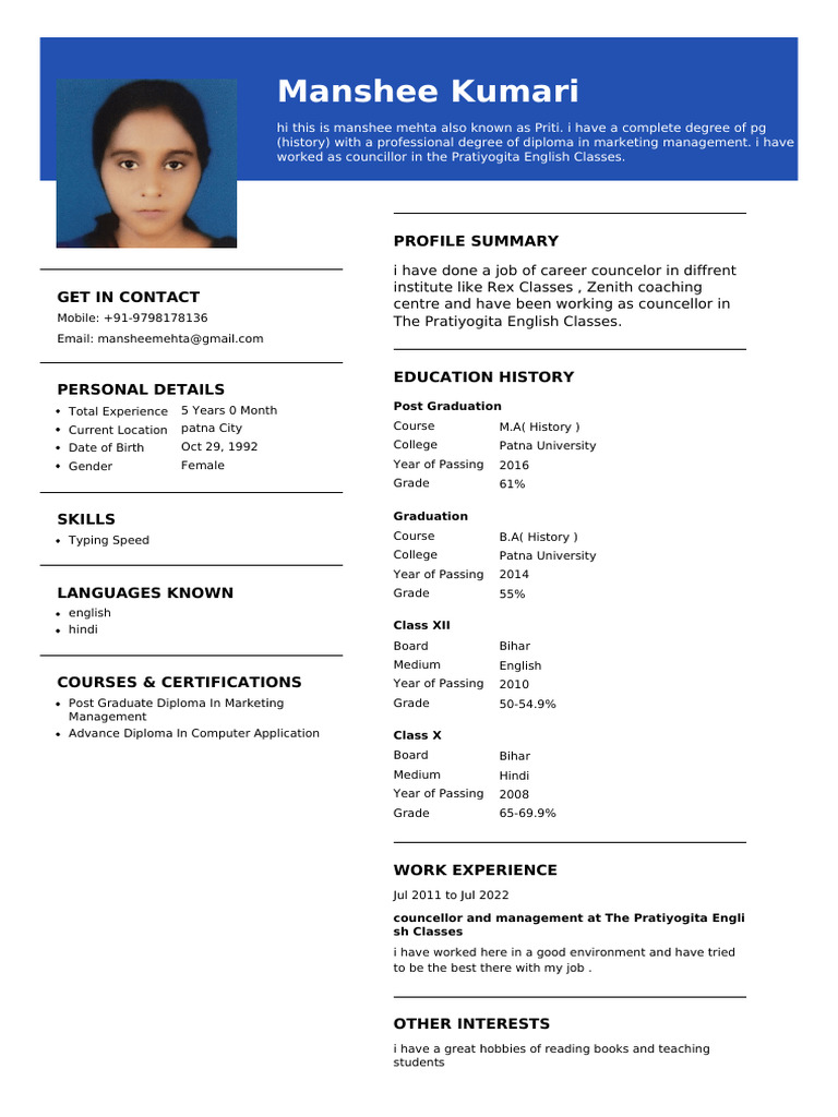 Career Counselor Profile - Manshee Mehta | PDF