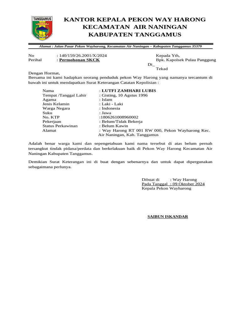 Surat Pengantar SKCK - LUBIS | PDF