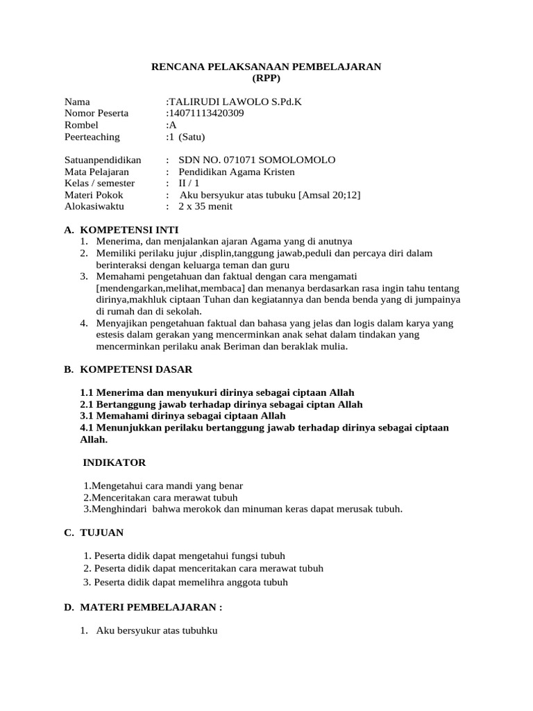 RPP KELAS 2 SD.Pelajaran 2 | PDF