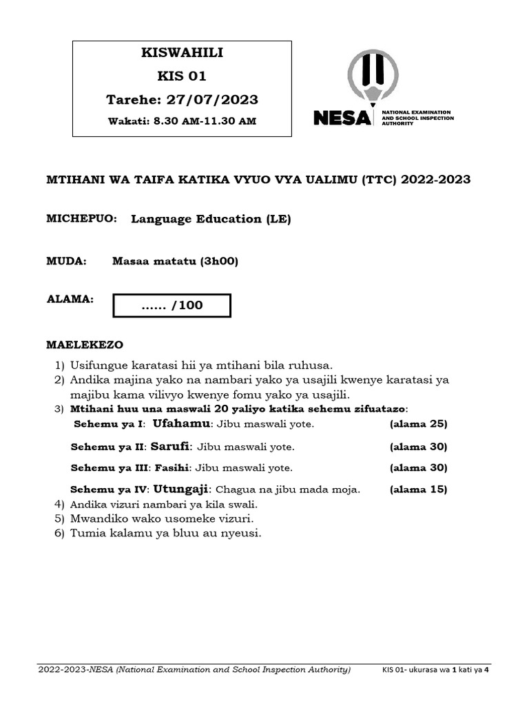 2023 Kiswahili TTC LE | PDF