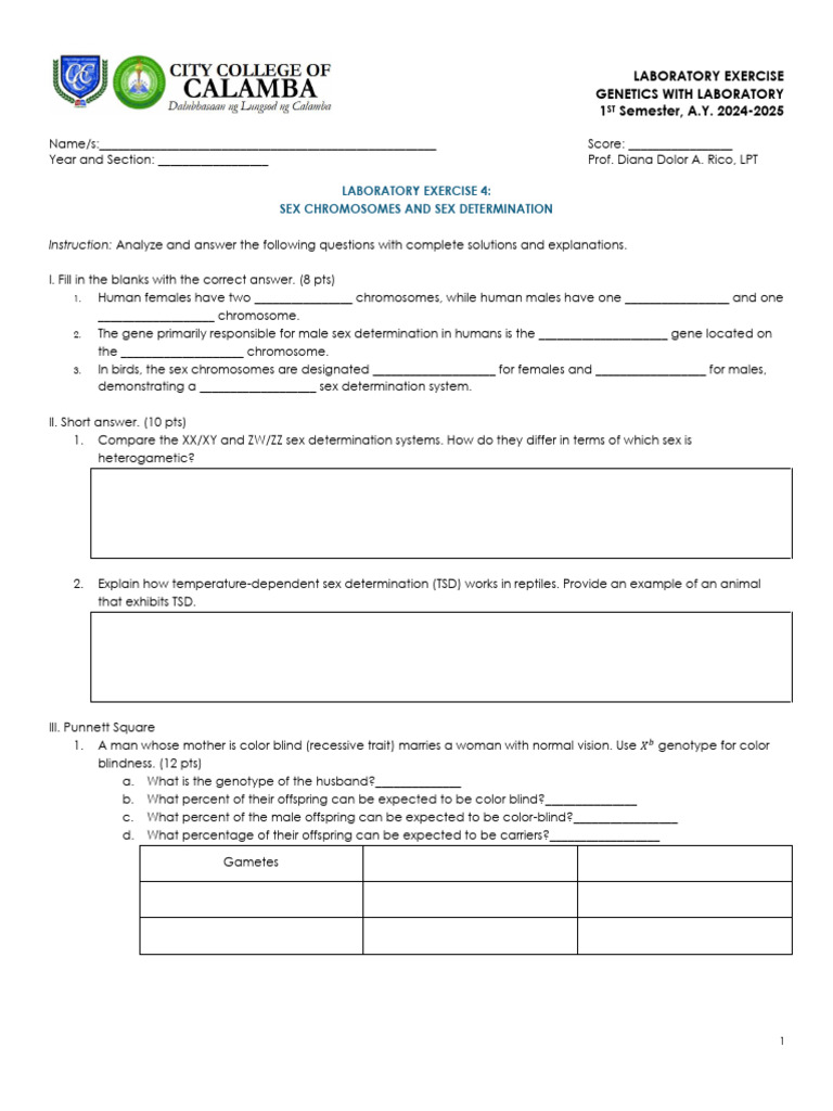 Lab Exer 4 Sex Chromosomes and Sex Determination | PDF | Sex | Genotype