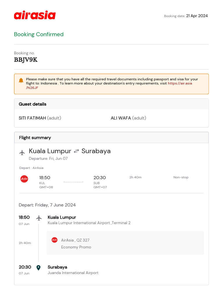 AirAsia Itinerary BBJV9K | PDF