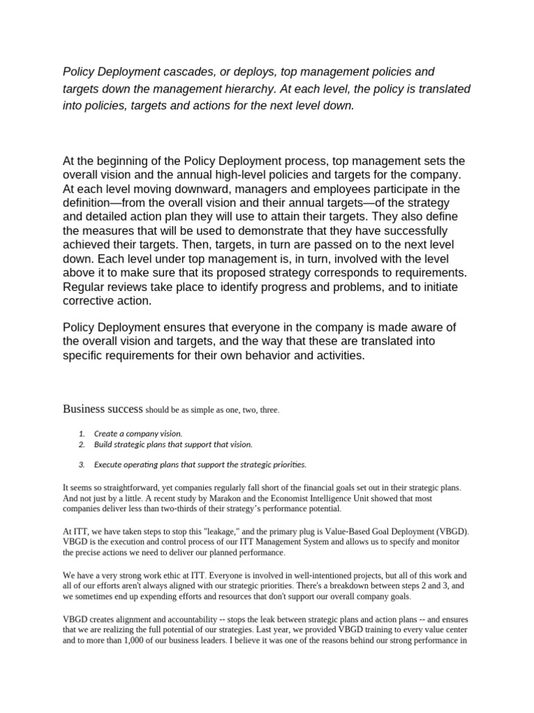 Policy Deployment Cascades | PDF | Strategic Management | Performance ...