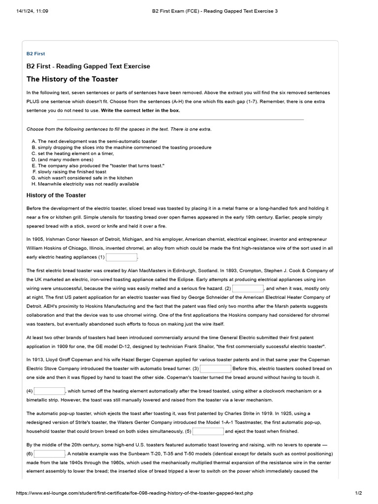 B2 First Exam (FCE) - Reading Gapped Text Exercise 3 + Results | PDF