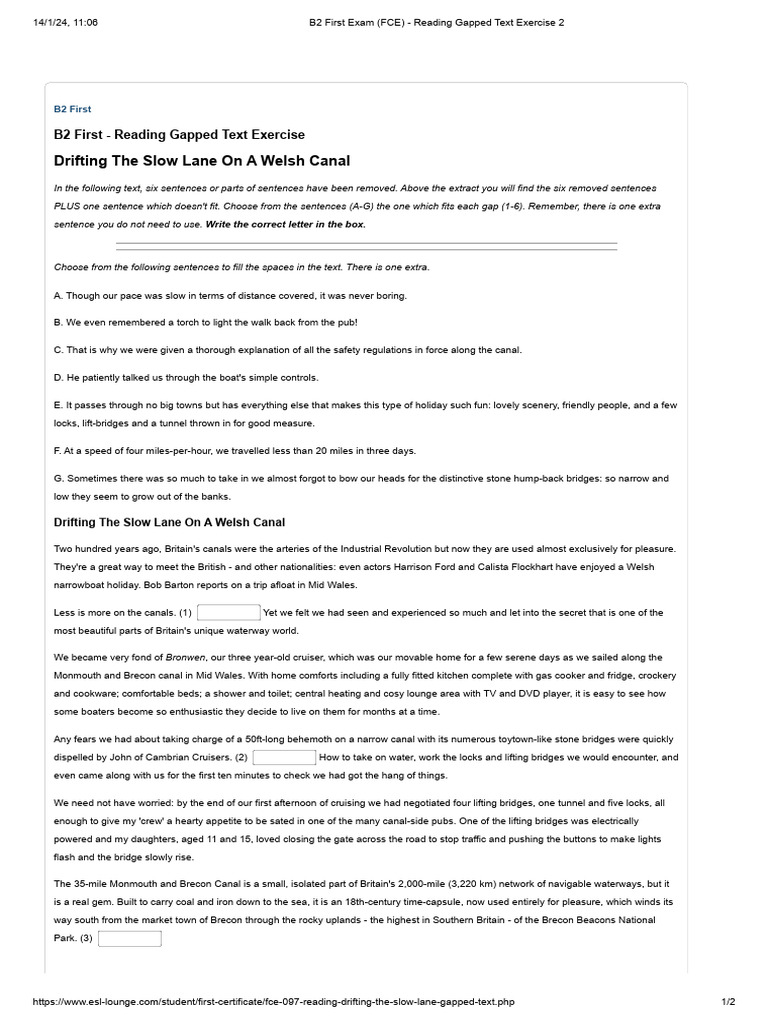 B2 First Exam (FCE) - Reading Gapped Text Exercise 2 + Results | PDF