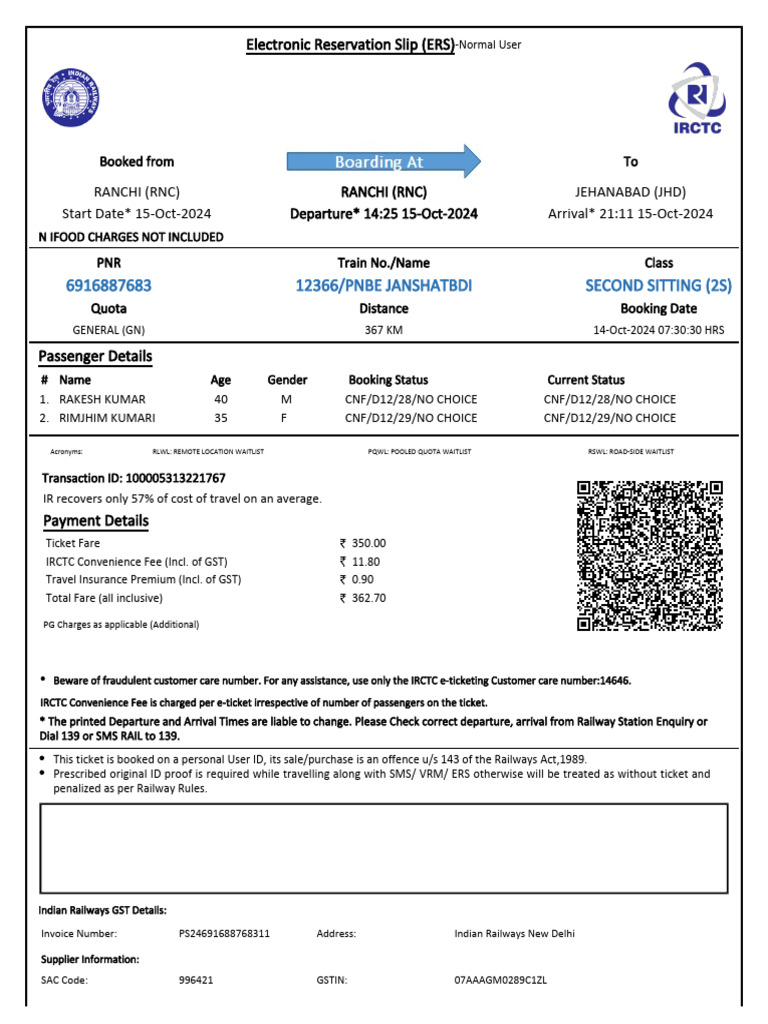 Electronic Reservation Slip for Train Travel | PDF | Identity Document ...