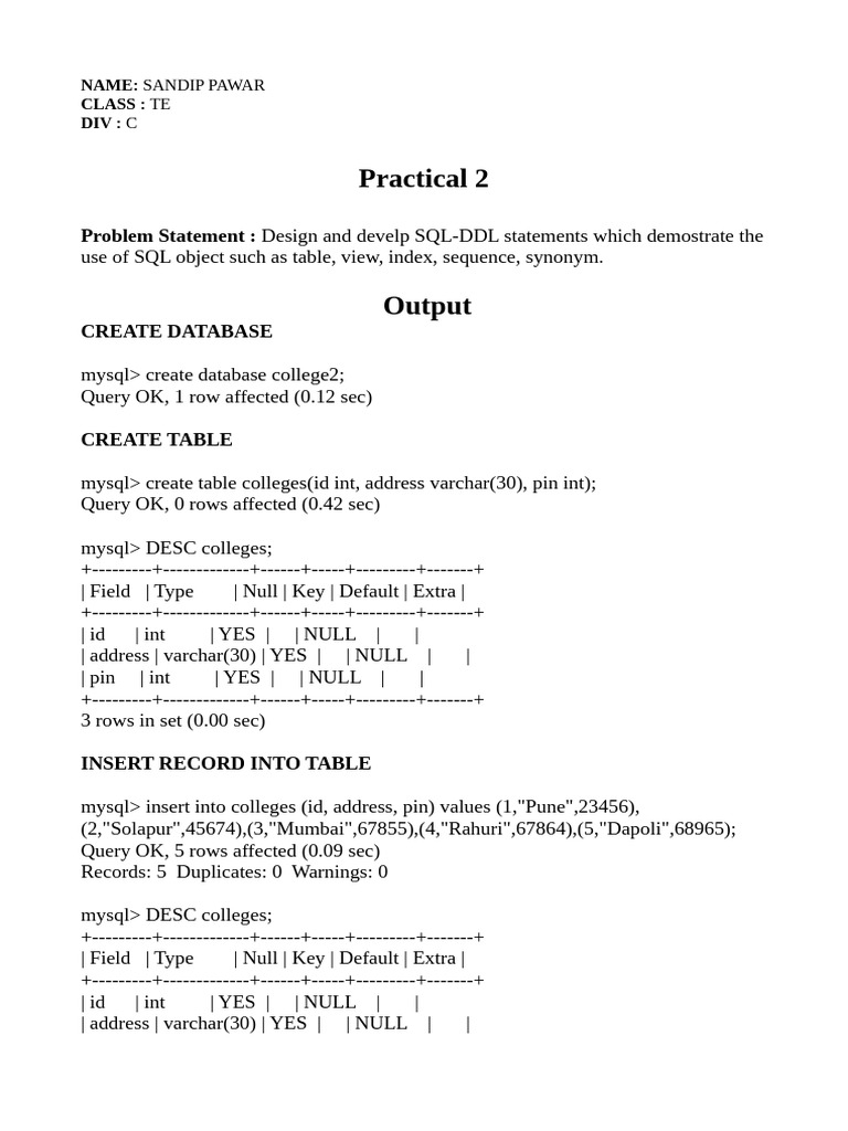 PRACTICAL 2 | PDF | Databases | Table (Database) PRACTICAL 2 | PDF | Databases | Table (Database)