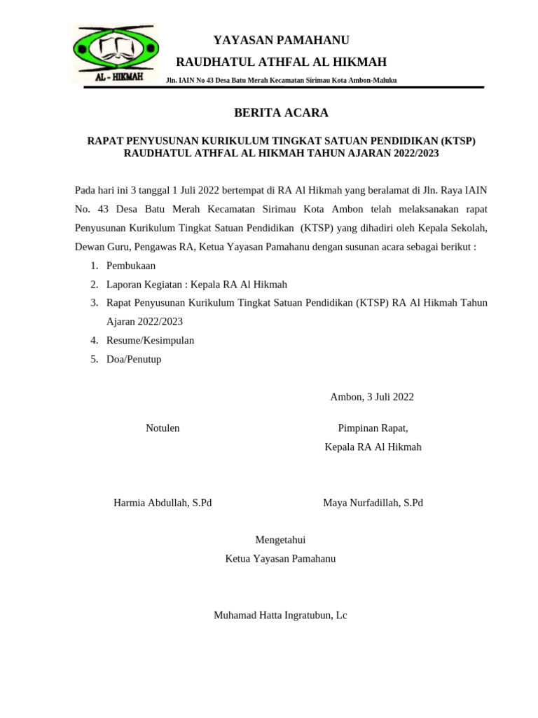 Berita Acara & Daftar Hadir Penyusunan KTSP | PDF