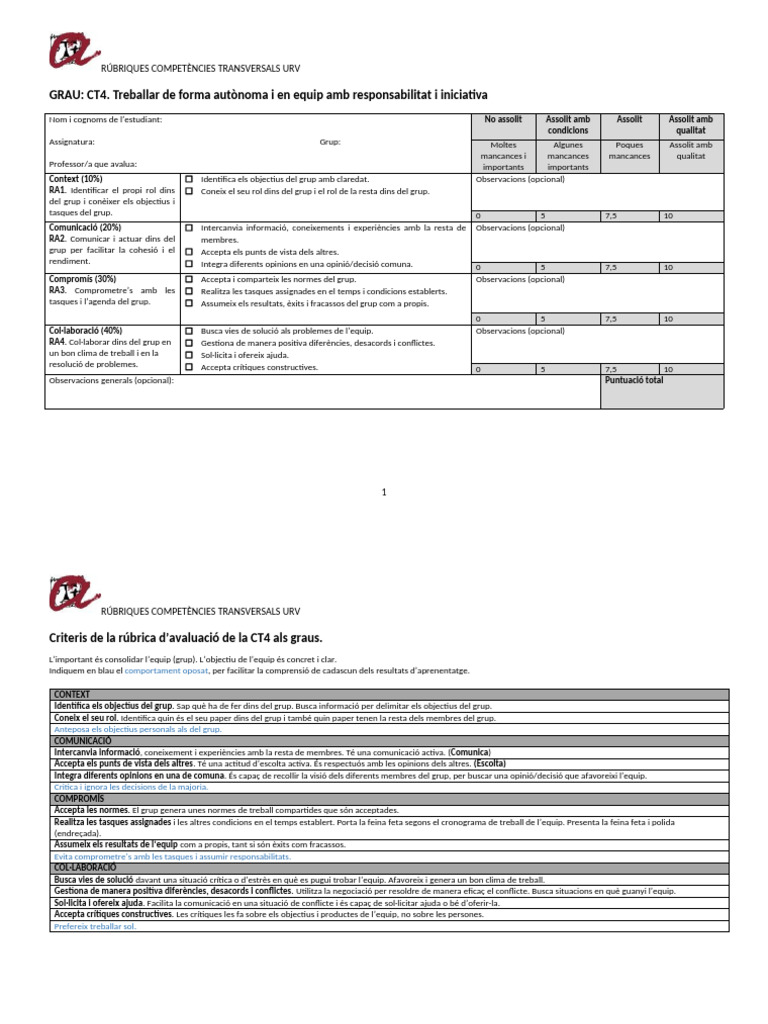Rúbrica Competència CT4 | PDF