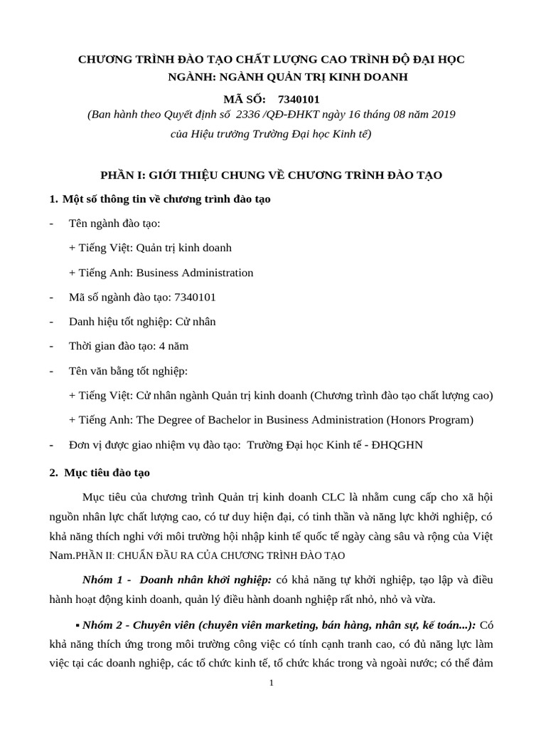 Khung CTDT QTKD CLC | PDF