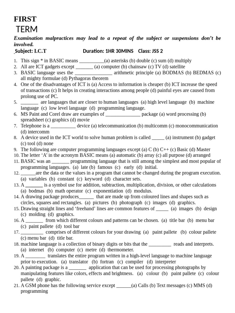 Jss 2 Ict Questions | PDF | Fax | Computer Program