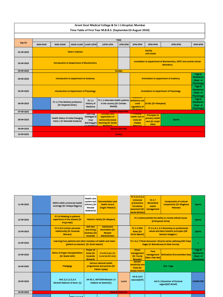 Mater Time Table 1st MBBS Phase I Batch 2023 | PDF | Red Blood Cell ...