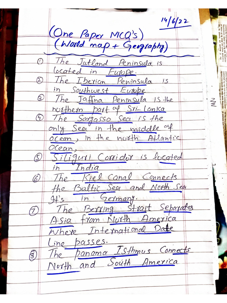 One Paper MCQ's (World Map and Geography) | PDF