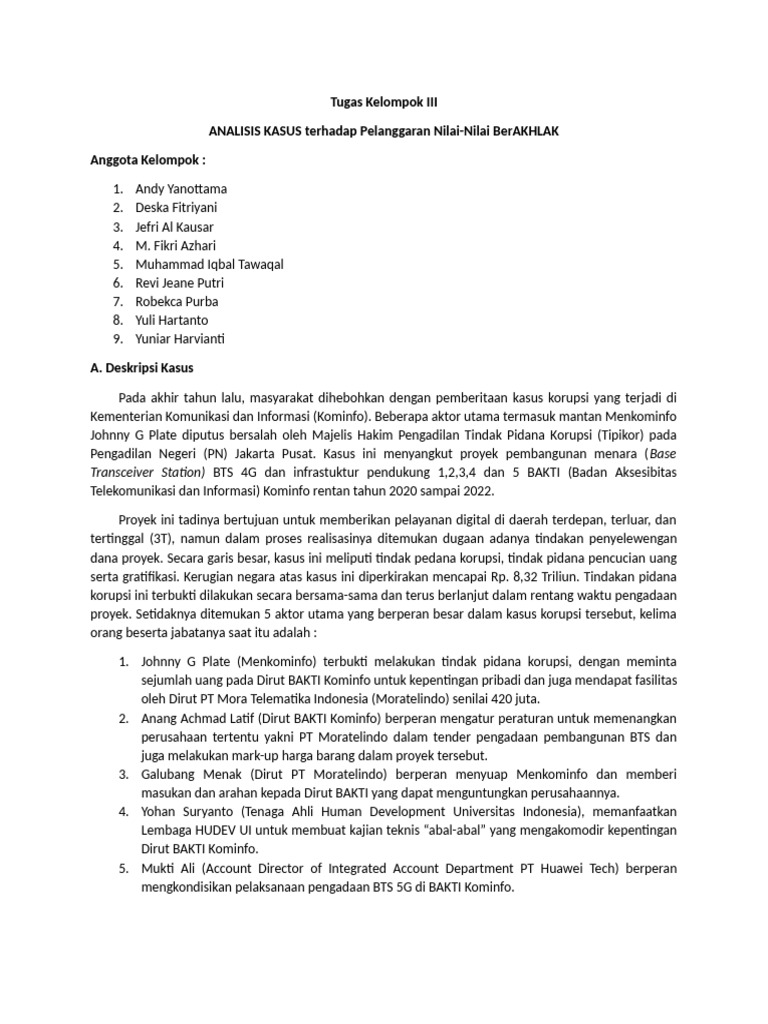 Tugas Kelompok ANALISIS KASUS Terhadap Pelanggaran Nilai-Nilai BerAKHLAK Pada Kasus Korupsi ...